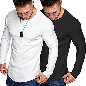 COOFANDY Men 2 Pack Muscle Fitted T Shirt Gym Workout Athletic Long Sleeves Tee Black/White