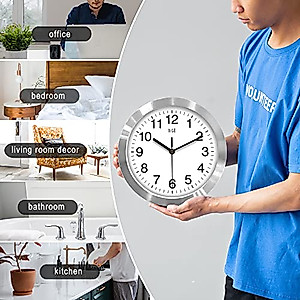 HITO 10 Inch Silent Wall Clock Battery Operated Non Ticking Glass Cover Silver Aluminum Frame, for Kitchen, Bedroom, Home Office, Living Room Decor