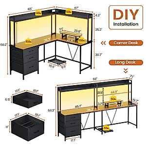 UPOSOJA L Shaped Gaming Desk with Shelves, Reversible Computer Desk with Power Outlet & LED Lights, Home Office Desks Writing Desk with 3 Drawers Monitor Stand Storage Hutch(Black)