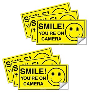 (Set of 6) Smile You're On Camera Sign - 2" x 4" - 4 Mil Vinyl - Laminated for Ultimate Protection & Durability - Self Adhesive Decal - UV Protected & Weatherproof - Heavy Duty