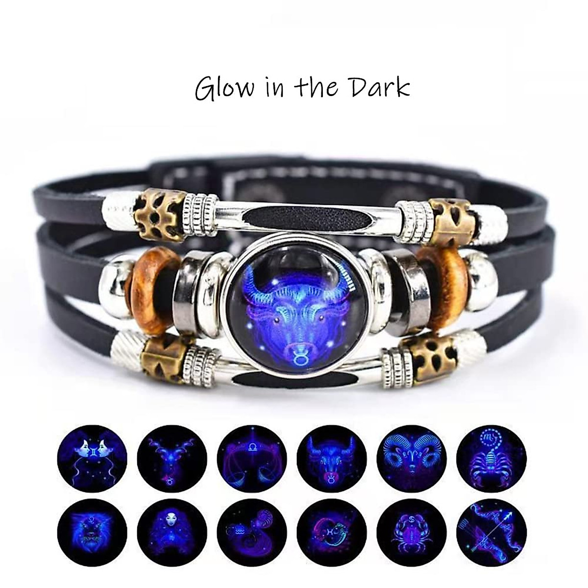 Zodiac Taurus Constellation Bracelet Handmade Woven Multilayer Zodiac Sign Leather Wrap Bracelet Wristband for Women Men Jewelry Gift 2Pcs Set