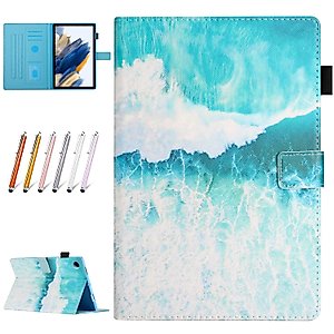AKHIOK Case for Samsung Galaxy Tab A8 10.5 Inch 2022 Model (SM-X200/X205/X207), Premium PU Leather Stand Cover with Smart Auto Wake/Sleep, Beach