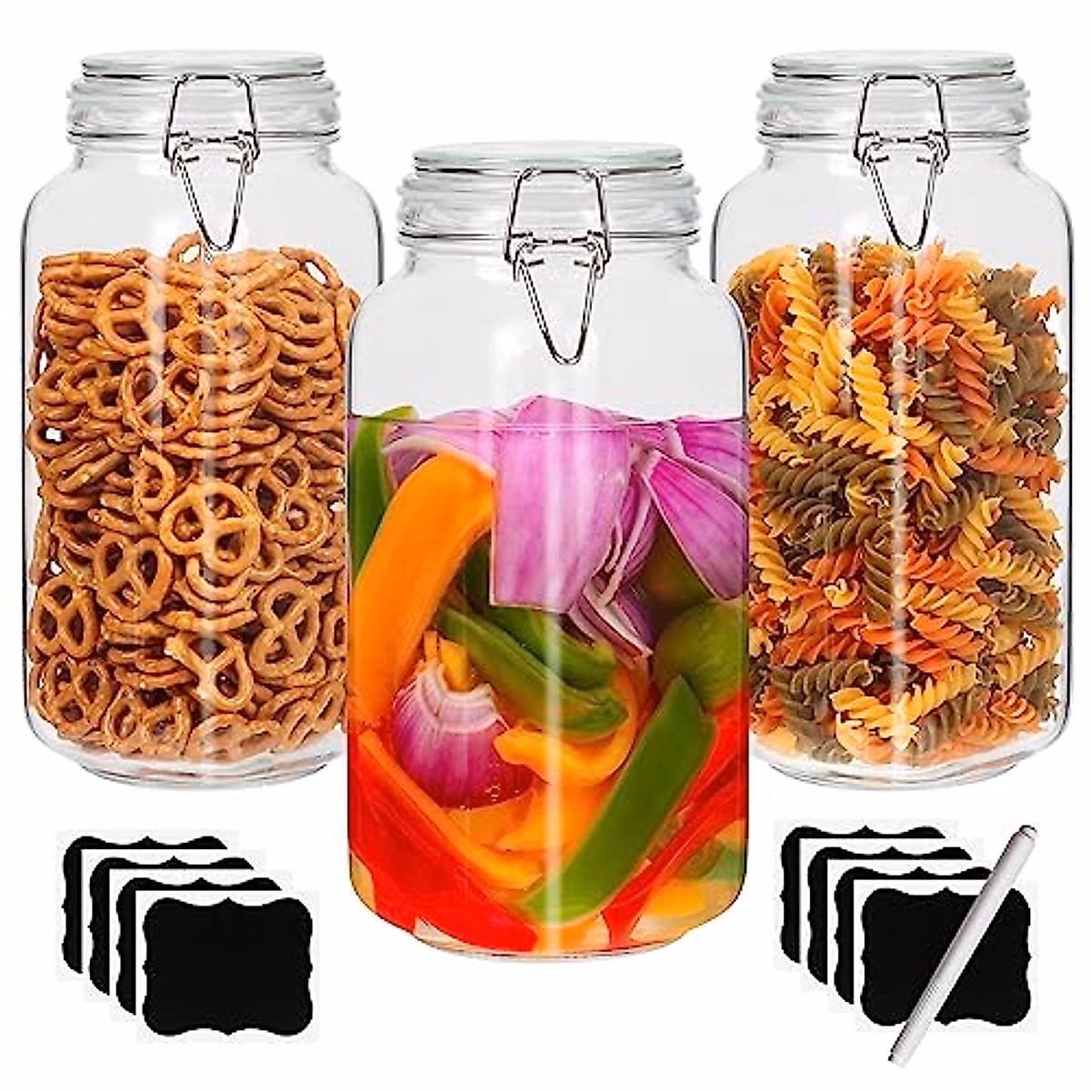 EkkoVla 78oz Glass Jars with Airtight Lids, Set of 3 Large Food Storage Containers, Square Glass Canisters for Pasta, Coffee, Candy, Flour, Cereal, Dog Treats, Snacks