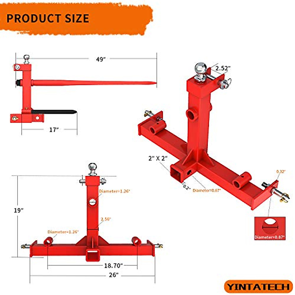 YINTATECH 49” Hay Spear 3000lbs Capacity and 2 Stabilizers Spear with 3 Point Trailer Hitch 2" Receiver with Trailer Ball Gooseneck Drawbar for Category 1 Tractor