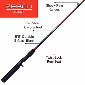 Zebco ZCAST 5'6" 2PC ML CAST ROD, Multi (ZCASTC562MLA,,PB3),Black/Red