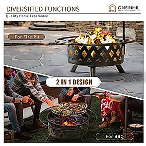 Oneinmil 2 in 1 Fire Pit with Grill, 30'' Wood Burning Outdoor Fire Pits Outside with Metal BBQ Grill, Spark Screen, Poker for Patio, Backyard, Garden