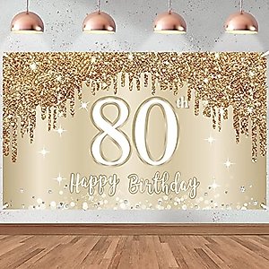 Happy 80th Birthday Banner Backdrop Decorations for Women, Gold White 80 Birthday Sign Party Supplies, Eighty Year Old Birthday Photo Booth Background Poster Decor(72.8 x 43.3 Inch)