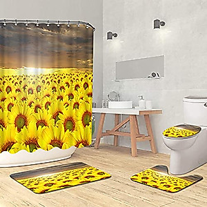 VividHome 4Pcs Sunflowers Shower Curtain Sets with Non-Slip Rugs Toilet Lid Cover and Bath Mat Yellow Floral in The Sunset Landscape Shower Curtains with 12 Hooks Waterproof Bathroom Accessories Set