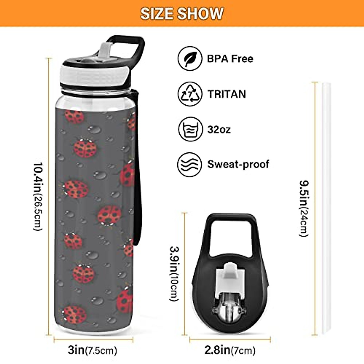 Fustylead Red Ladybugs 32 oz Tritan Water Bottle with Straw, Leakproof and BPA-Free Sport Water Bottle for Fitness, Gym & Outdoor