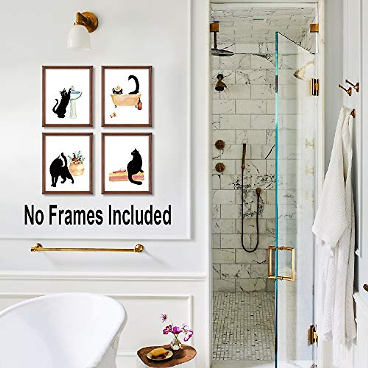 LHIUEM Black Cat Bathroom Decor, Funny Bathroom Wall Art, (Set of 4,8"X10",unframed) Modern Animals Kitty Pictures, Kitten Bathing Canvas Poster cat Lady Gifts for Women,Bathroom Set Decor