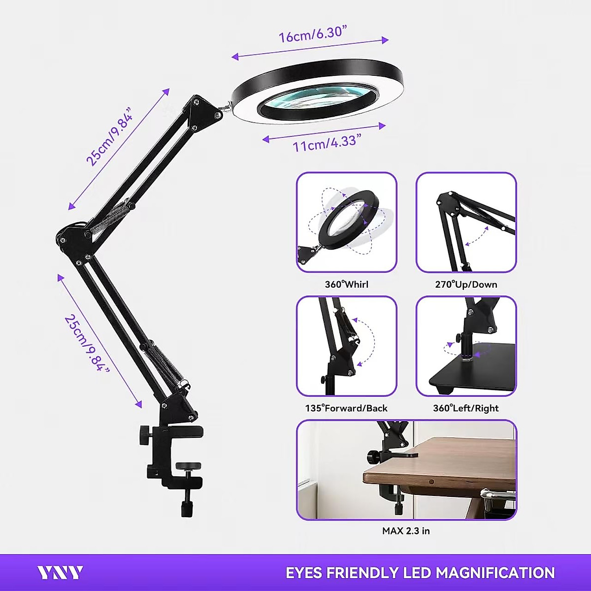 2-in-1 Magnifying Glass with Light and Stand,10X Magnifying Lamp with 3 Color Modes,Dimmable LED Lighted Magnifier Lamp & Clamp for Repair Reading,Crafts,Painting,Close Works (Black-3)