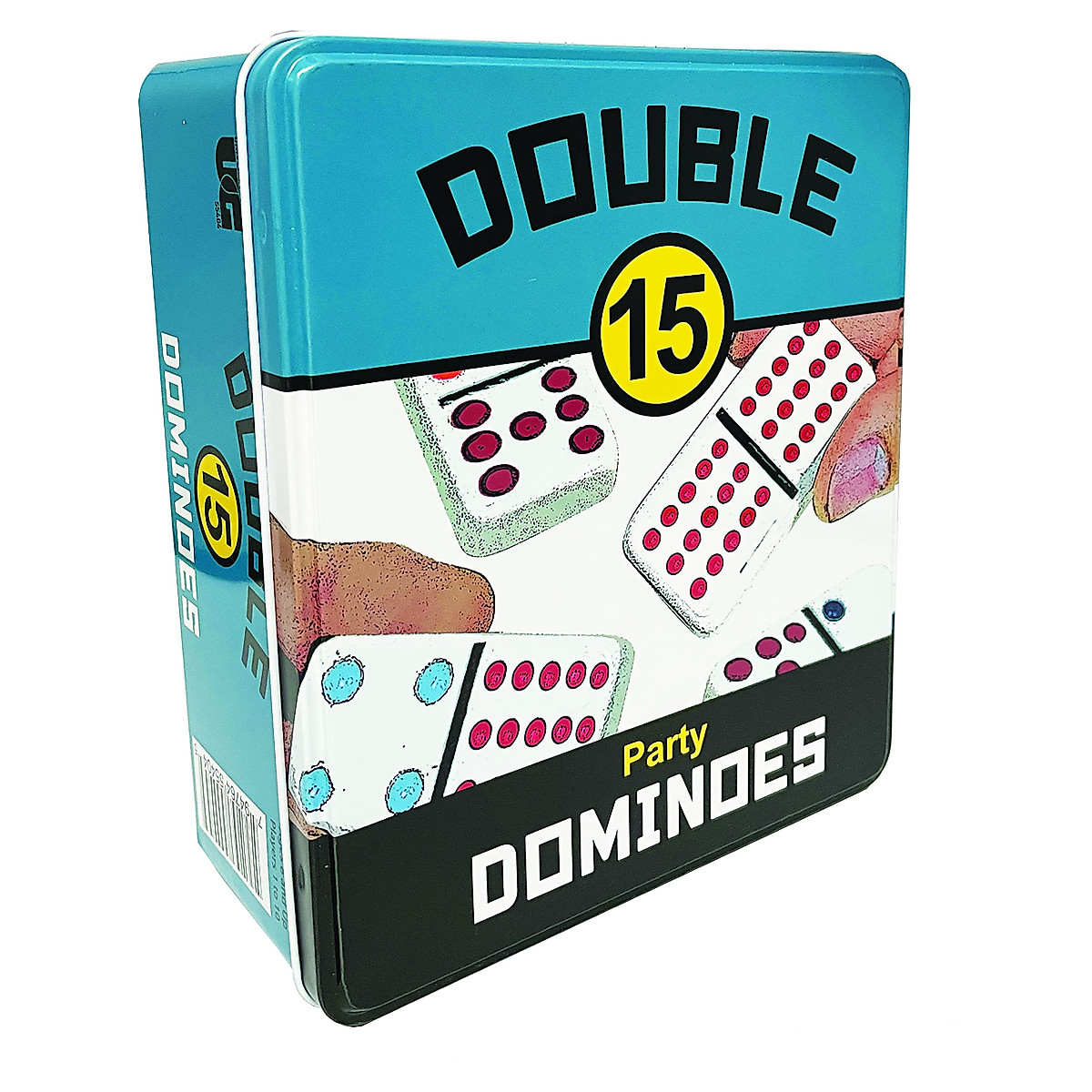 Front Porch Classics, Double 15 Color Dot Dominoes Set On-The-Go Travel Storage Tin, 2 to 12 Players Ages 8 to 99