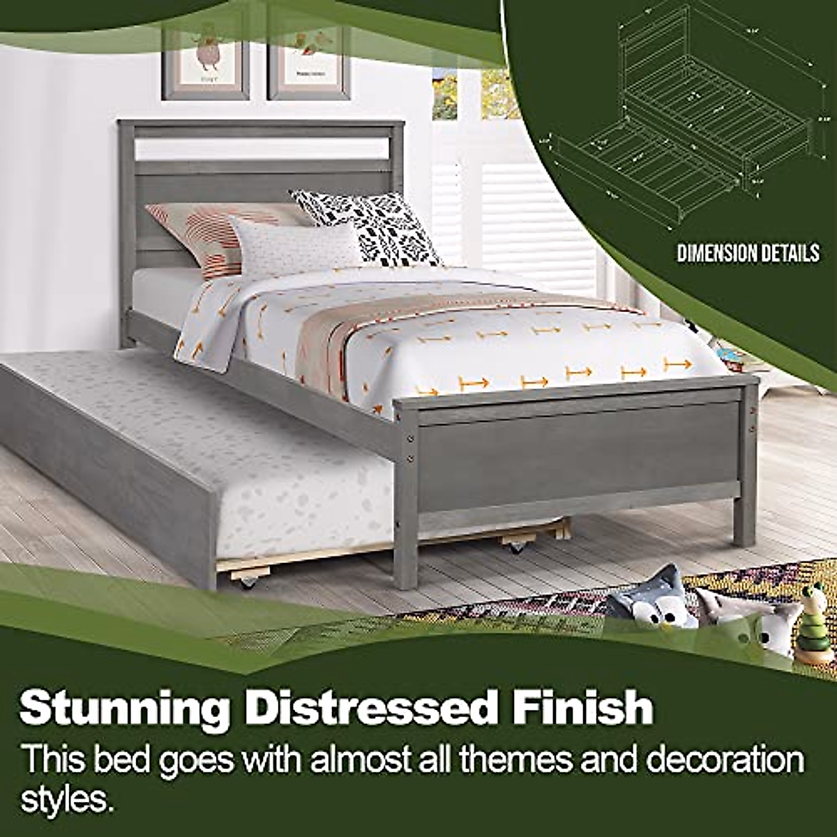 Hanway Trundle Bed Frame/American Country Style daybed and roll Out Twin Size Trundle accommodate/Made by Exquisite Pine Wood Craftsmanship and Weathered Wood Texture Finish