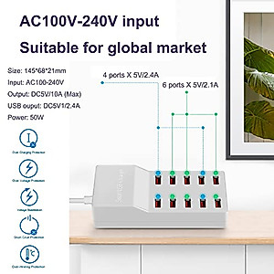 MaxLax USB Charger Station,10-Port 50W/10A Multiple USB Charging Station,Multi Ports USB Charger Charging for Smartphones，Tablets，and Other USB Devices.