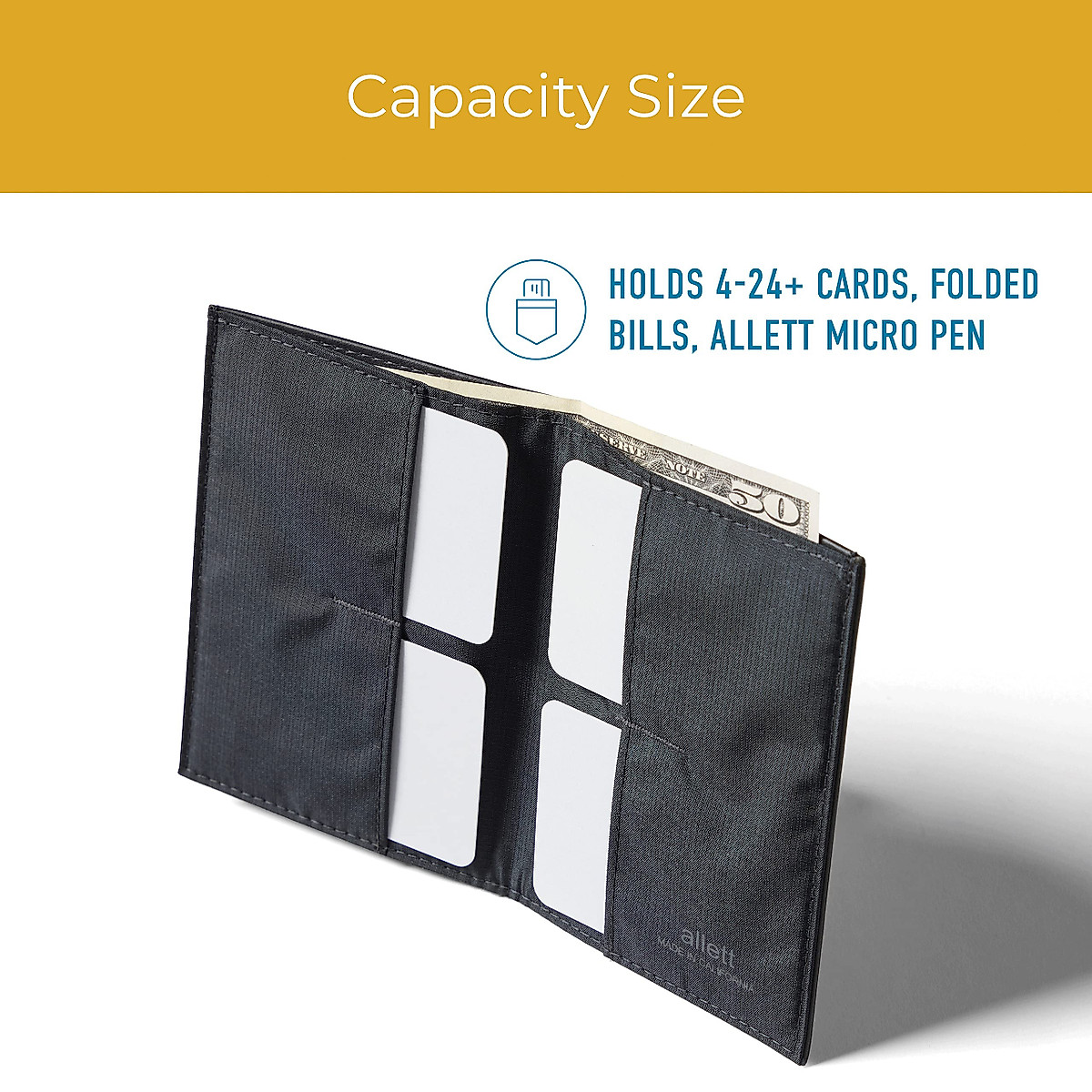 Allett Original Wallet, Onyx Black | Leather, Slim, Minimalist | RFID Blocking, Ultra Thin Bifold, Front Pocket | Holds 4-24+ Cards, Bills, Receipts | Wallets for Men & Women | Made in the USA