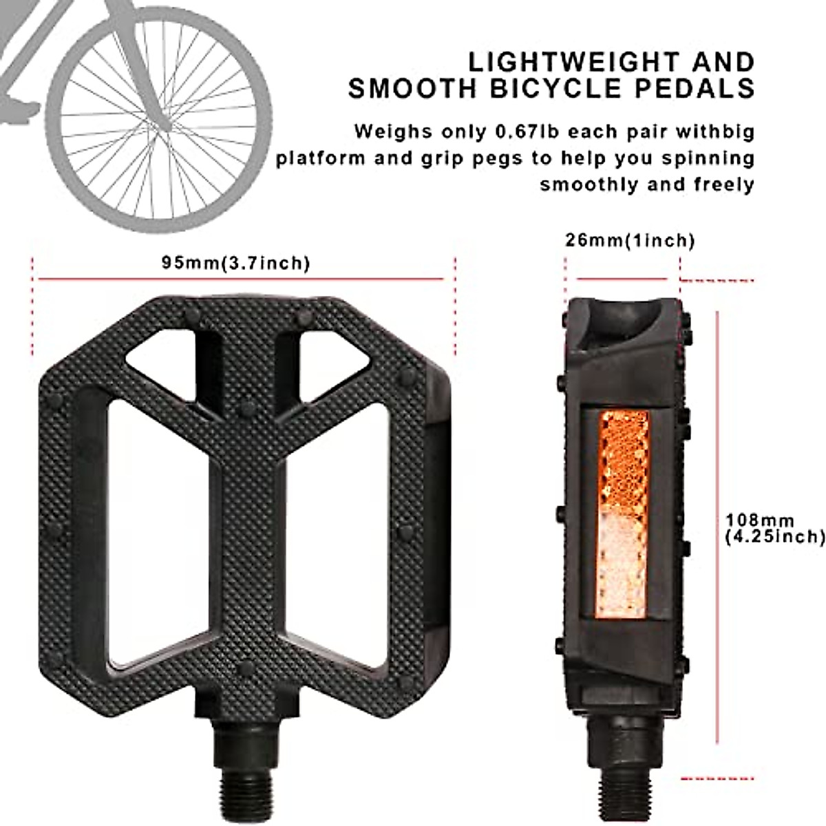 AVASTA Bicycle Pedals BMX Mountain Road City Bike Pedal, 1/2-Inch Boron Steel Spindle with Reflector Replacement Non-Slip Lightweight