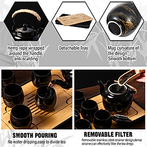 Hushee Japanese Tea Set in Gift Box Asian Tea Set Magic Teapot with 1 Teapot, 6 Tea Cups, 1 Tea Tray, 1 Stainless Infuser, Black Ceramic Chinese Porcelain Tea Set Gift for Tea Adult Lover Office Home