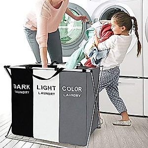 FUNFLOWERS Laundry Hamper Basket Sorter with Handle and Aluminum Frame, 3 Sections Foldable Portable Large Dirty Clothes Basket Organizer for Bathroom Bedroom Home (Black+White+Grey)