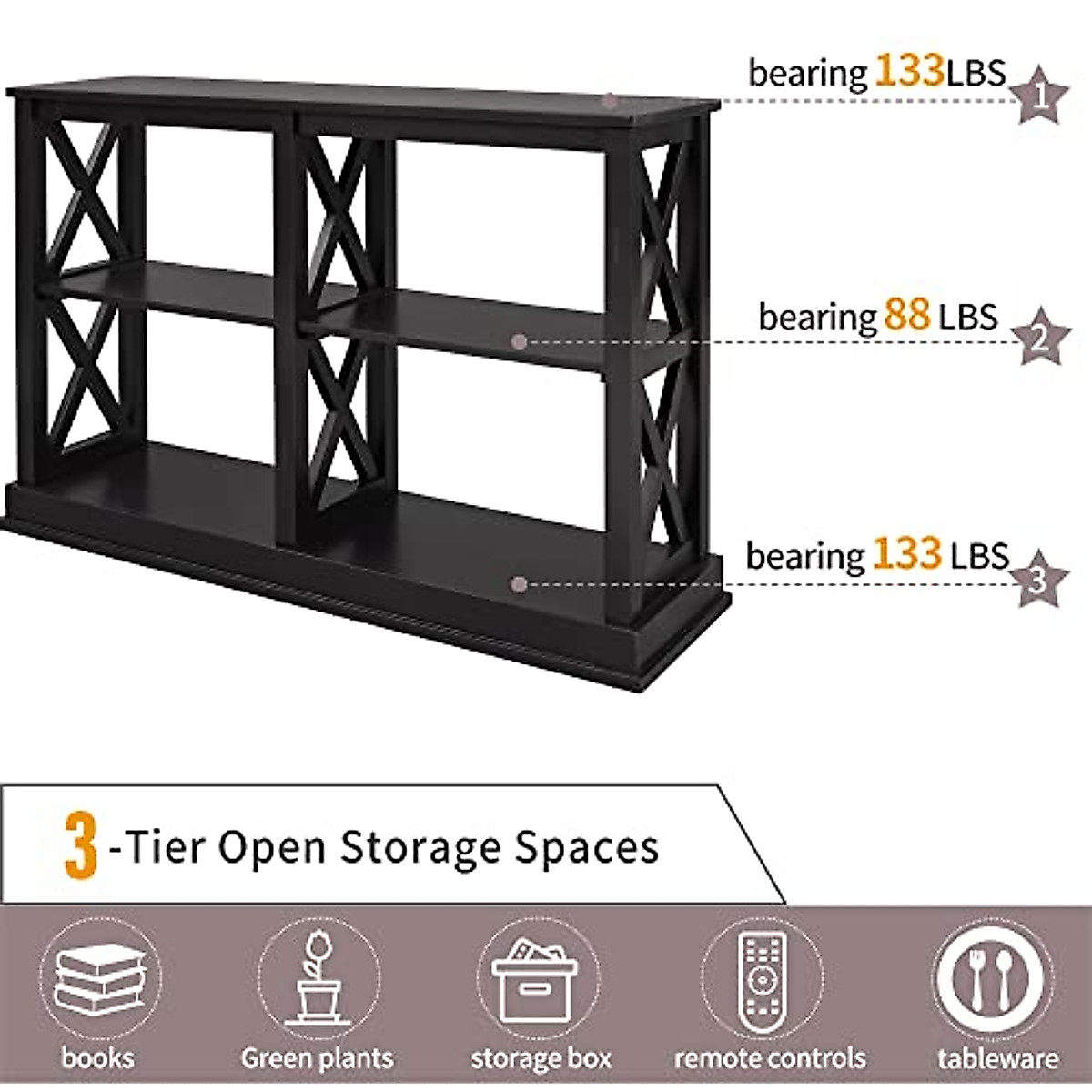Lifeand 3-Tier Open Storage Spaces and “X” Legs, Narrow Sofa Entry Living Room Console Table, Black