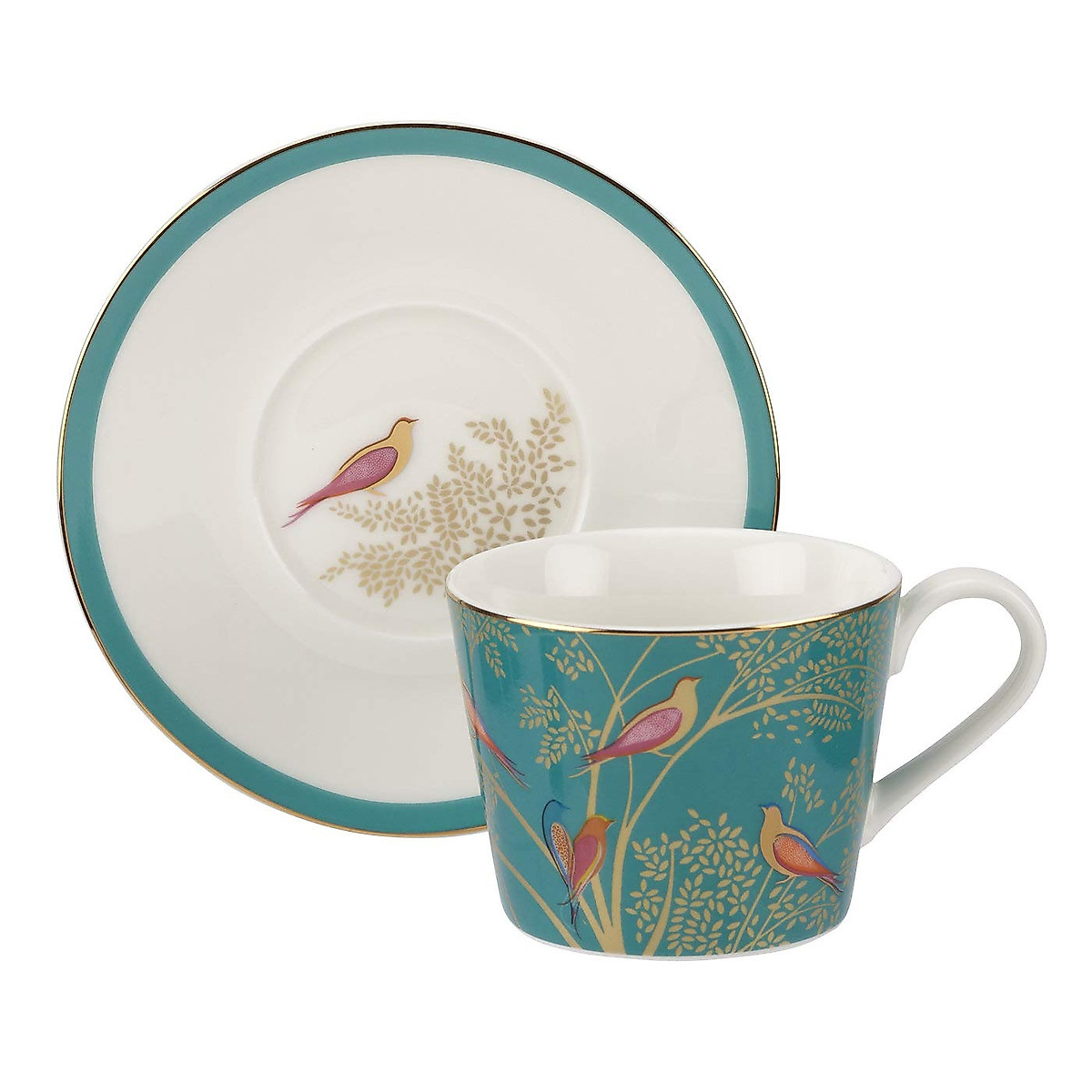 Portmeirion Sara Miller London Chelsea Teacup and Saucer, Green | 8 Oz Cup for Drinking Tea and Coffee | Made from Fine China with Gold Detail | Handwash Only