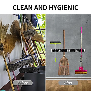 Caoliuyiyi Broom Holder Wall Mount, Stainless Steel garage organization, Non-slip broom mop holder wall mounted, Self Adhesive for Laundry Room (4 Racks and 5 Hooks)
