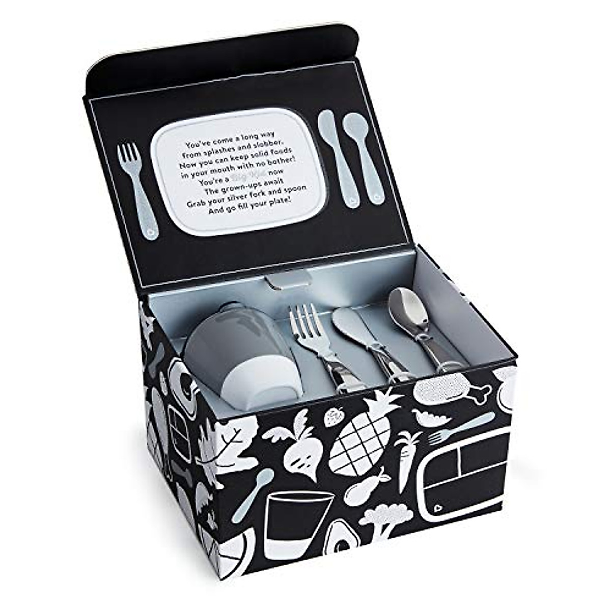Munchkin® Grown Ups Table 7pc Toddler Feeding Supplies Gift Set, Includes Plates, Bowl, Open Cup and Stainless Steel Utensils, Grey