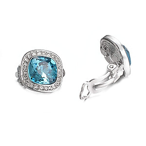 Yoursfs Blue Clip On Eearrings For Women Platinum Plated 4ct Square Crystal Halo CZ Bridal Wedding Earring