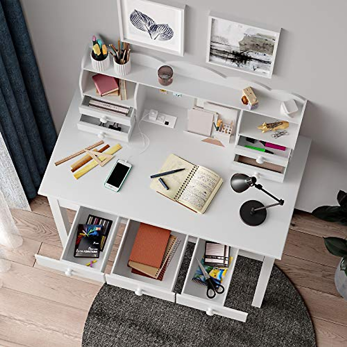 ADORNEVE Writing Desk with USB Port, Home Office Desk with Drawers and Hutch, 36.2" Study Table Computer Desk for Student/Adults, Computer Work Station with Storage Shelf, 7 Drawers, White