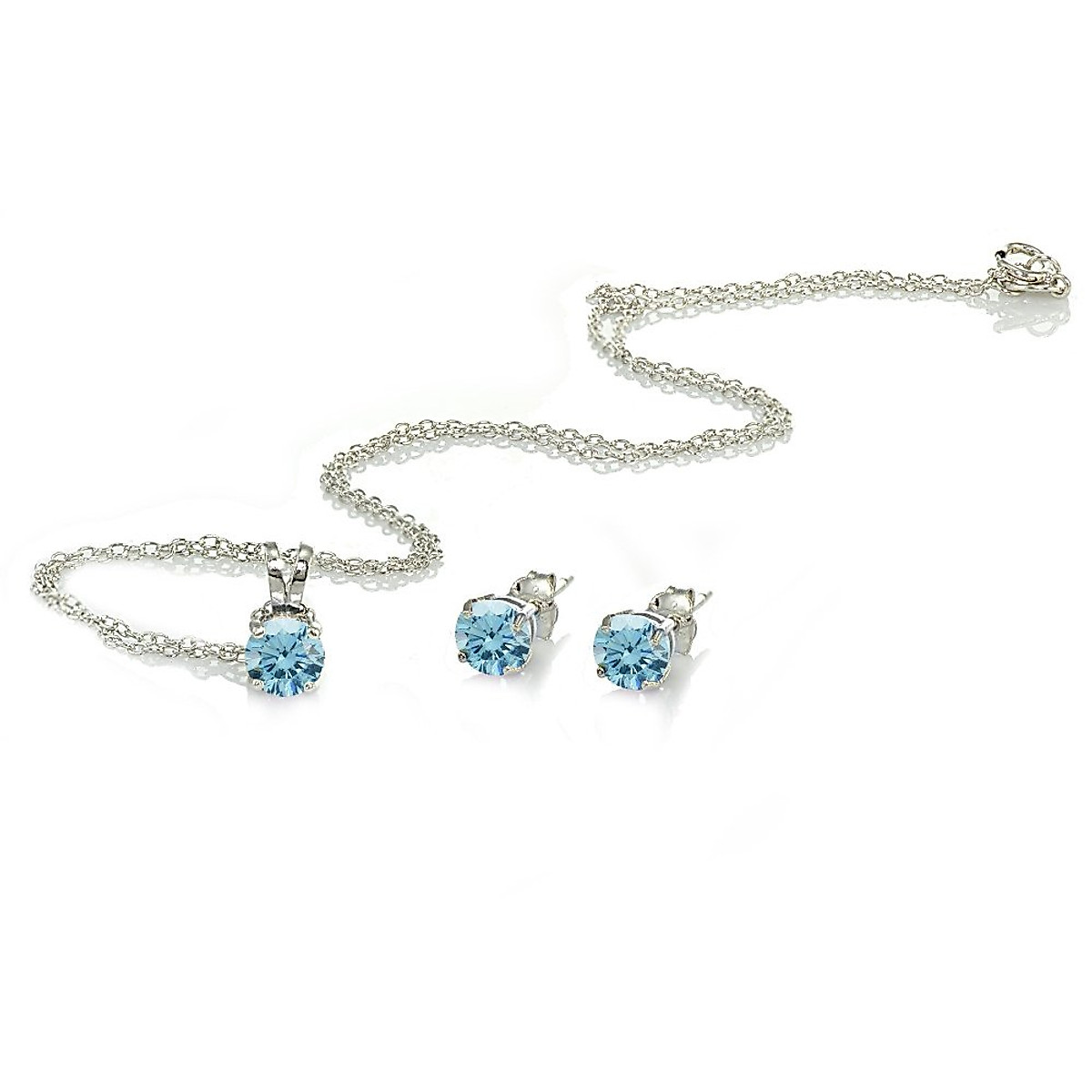B. BRILLIANT Sterling Silver Solitaire Light Blue European Crystals Necklace & Stud Earrings Jewelry Set for Women | March Birthstone