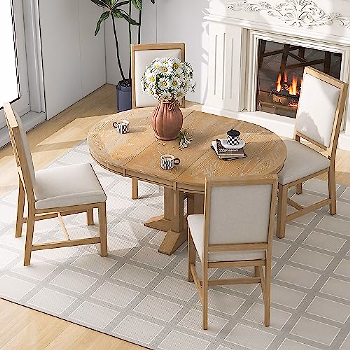 POCIYIHOME 4 Upholstered Farmhouse Round 16" Leaf, Set of 5, Family Chair Restaurant, Kitchen (Natural Wood Wash), 5 Piece Extendable Dining Table Set