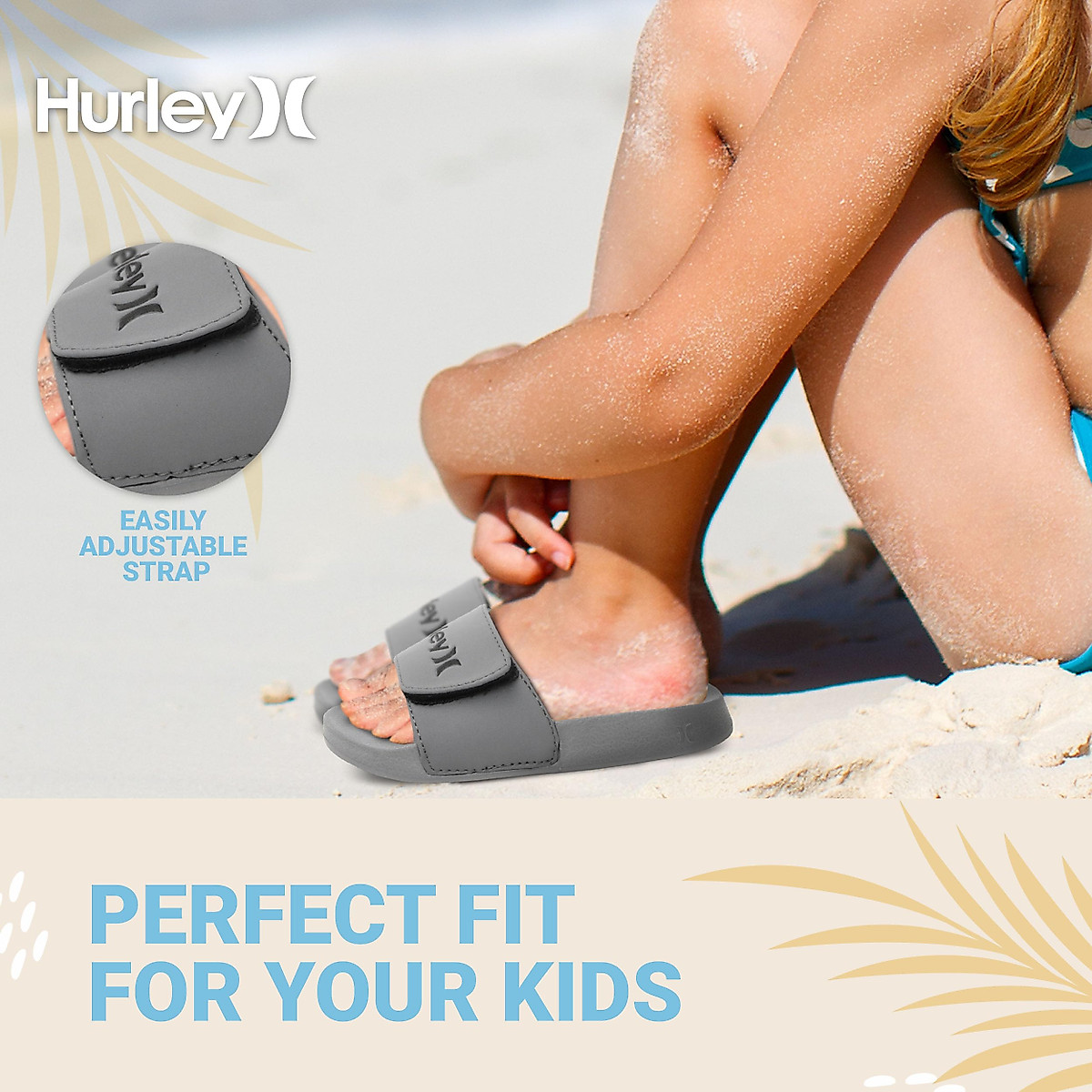 Hurley Naia Slides for Girls and Boys, Slip-On Kids Slippers with Adjustable Strap, Kid's Sandals for Indoor and Outdoor, Adjustable Sporty Slides for Kids, Eva Footbed Shower Slides, Grey