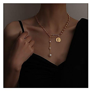 Y2K Necklace Coin Pendant Layered Necklace 18K Gold Plated Ball Splicing Chain Paper Clip Pearl Drop Fashion Y2k Choker Jewelry for Women Girl
