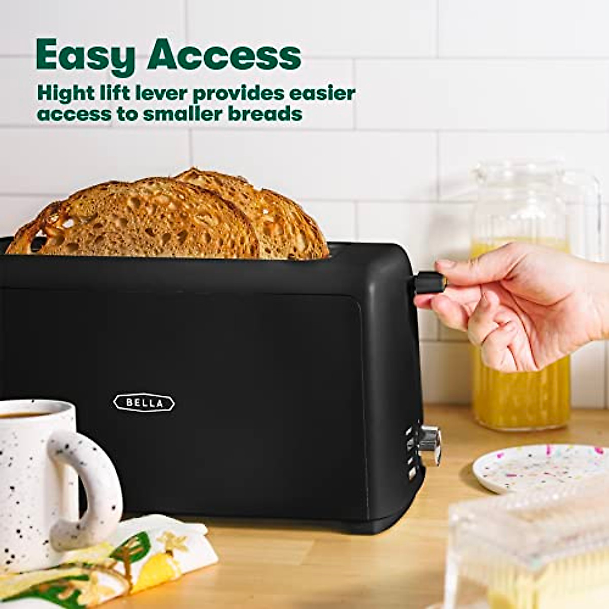 BELLA 4 Slice Toaster, Long Slot & Removable Crumb Tray - 7 Shading Options with Auto Shut Off, Cancel & Reheat Button - Toast Bread & Bagel, Black