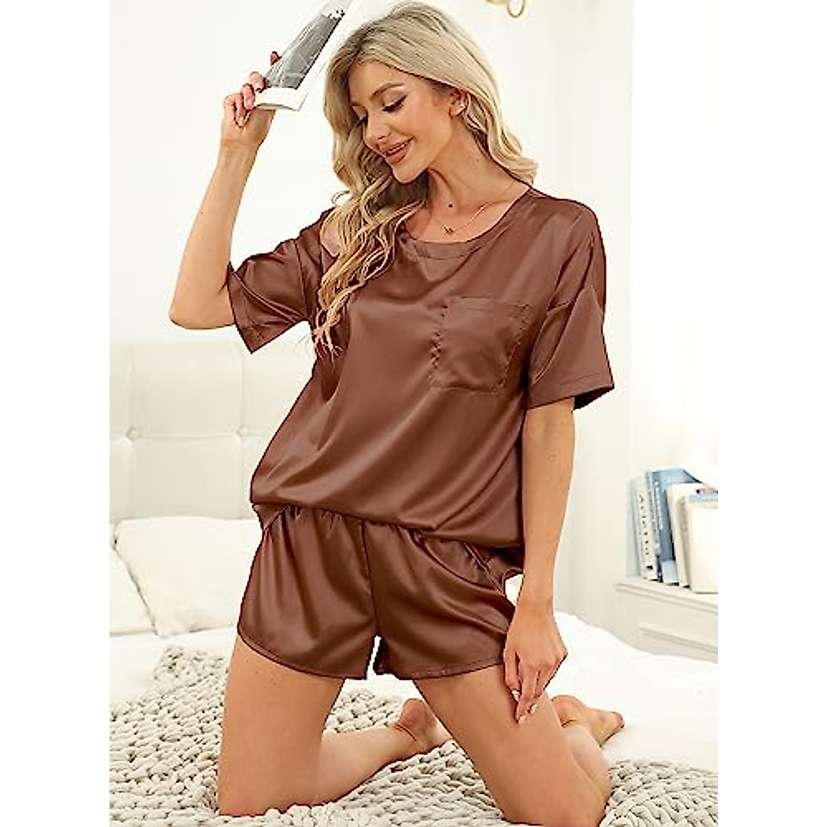 BEKOFO Silk Satin Pajama Sets Pj Satin Set Silk Pj for Women Set Satin Pajamas Shorts Pj Shorts and Silk Tshirt Summer Lounge Satin Set Brown Large