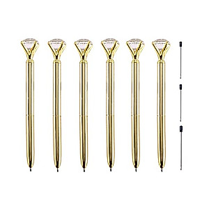 Onwon 6 Pieces Big Crystal Diamond Pens Gold Metal Ballpoint Pens & 3 Pieces Ballpoint Pen Refills in Black Ink