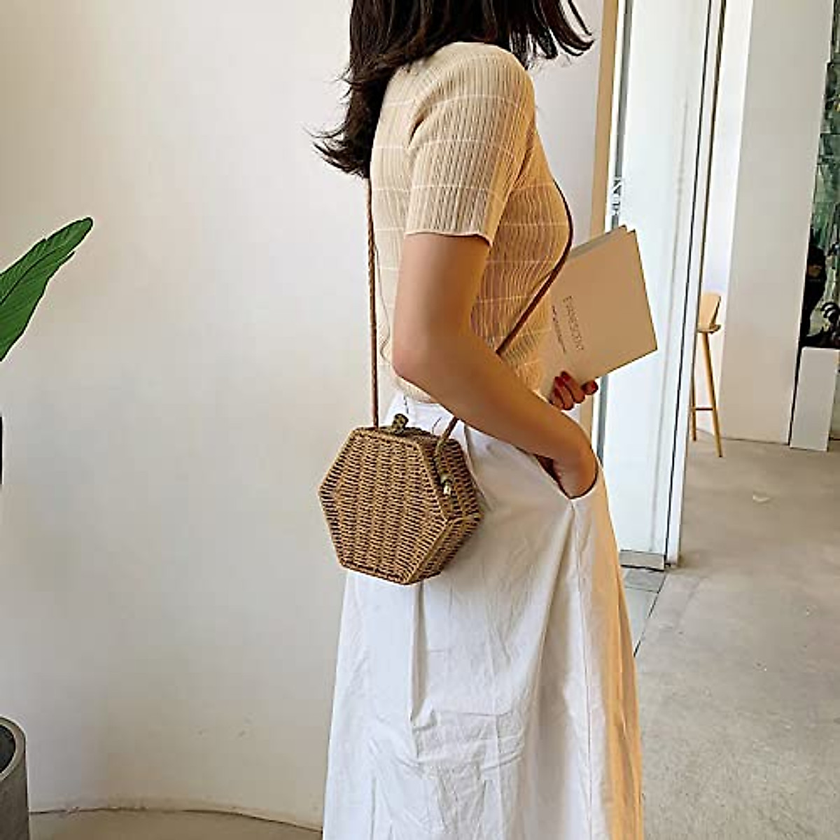 NIBD Handwoven Square Straw Rattan Bag Retro Straw Portable Small Box Woven Womens Cross Body Bag Shoulder Messenger Satchel