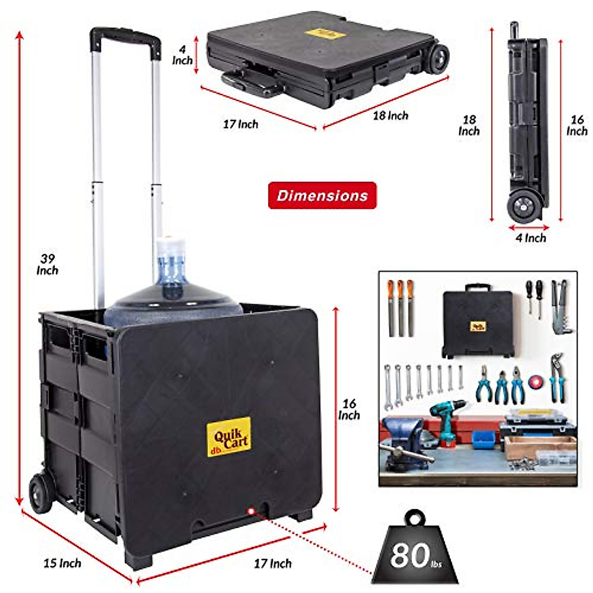 dbest products Quik Cart Collapsible Rolling Crate on Wheels for Teachers Tote Basket 80 lbs Capacity, Made from Heavy Duty Plastic Used as a Seat, Black