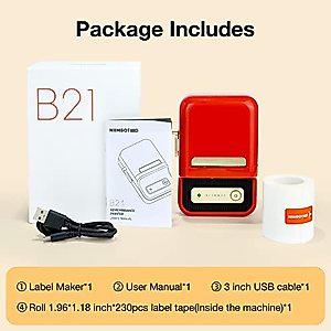 NIIMBOT B21 Inkless Label Maker, Mini Thermal Label Maker Compatible with iOS & Android, for Home Organization, Business, Barcode, QR Code, with 1 Pack 1.96x1.18 inch White Label, Red