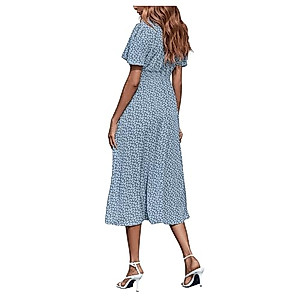 Floerns Women's Casual Floral Print Crewneck Short Sleeve A Line Boho Maxi Dress Blue M