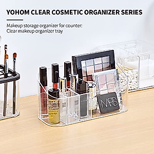 YOHOM Small Clear Makeup Organizer Tray Vanity Cosmetic Brush Holder Storage Box 9-Compartments Countertop Lipstick collection Display Case with 2 Dividers Plastic