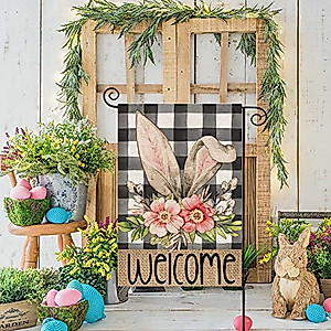 Welcome Easter Garden Flag for Outdoor 12x18 Double Sided,Buffalo Plaid Bunny Ears with Flowers Small Yard Flag,Seasonal Decors for Spring Outside Farmhouse Holiday
