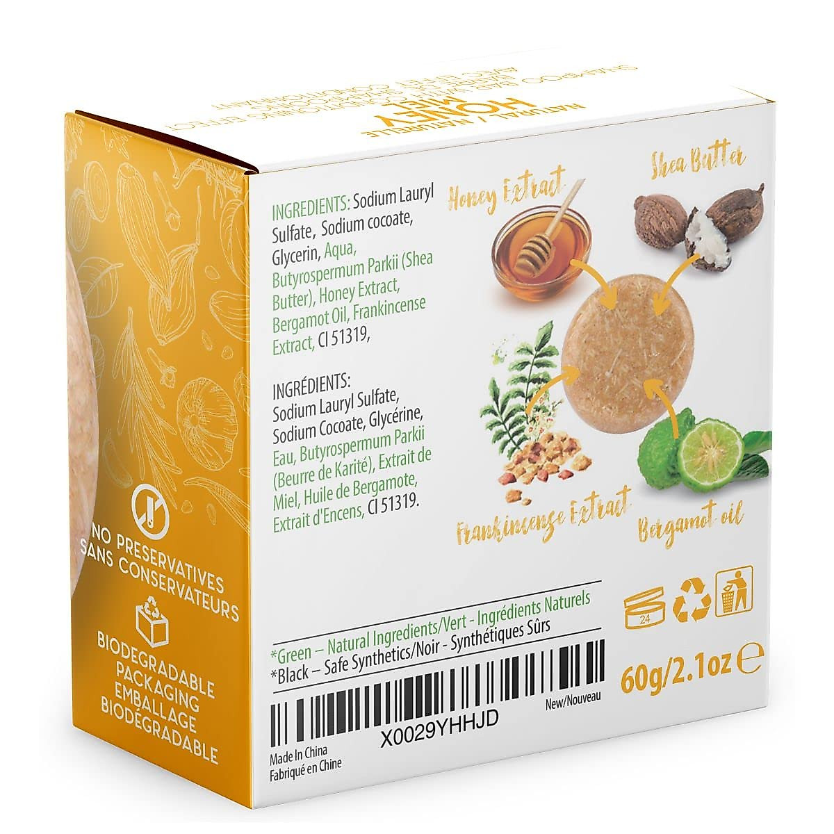 BAMBOEARTH Solid Shampoo Bar And Conditioner Effect Hair Soap – 100% Organic Shampoo Bars For Hair With All Natural Plant Based Essential Oils And Zero Waste Biodegradable Packaging (Honey)