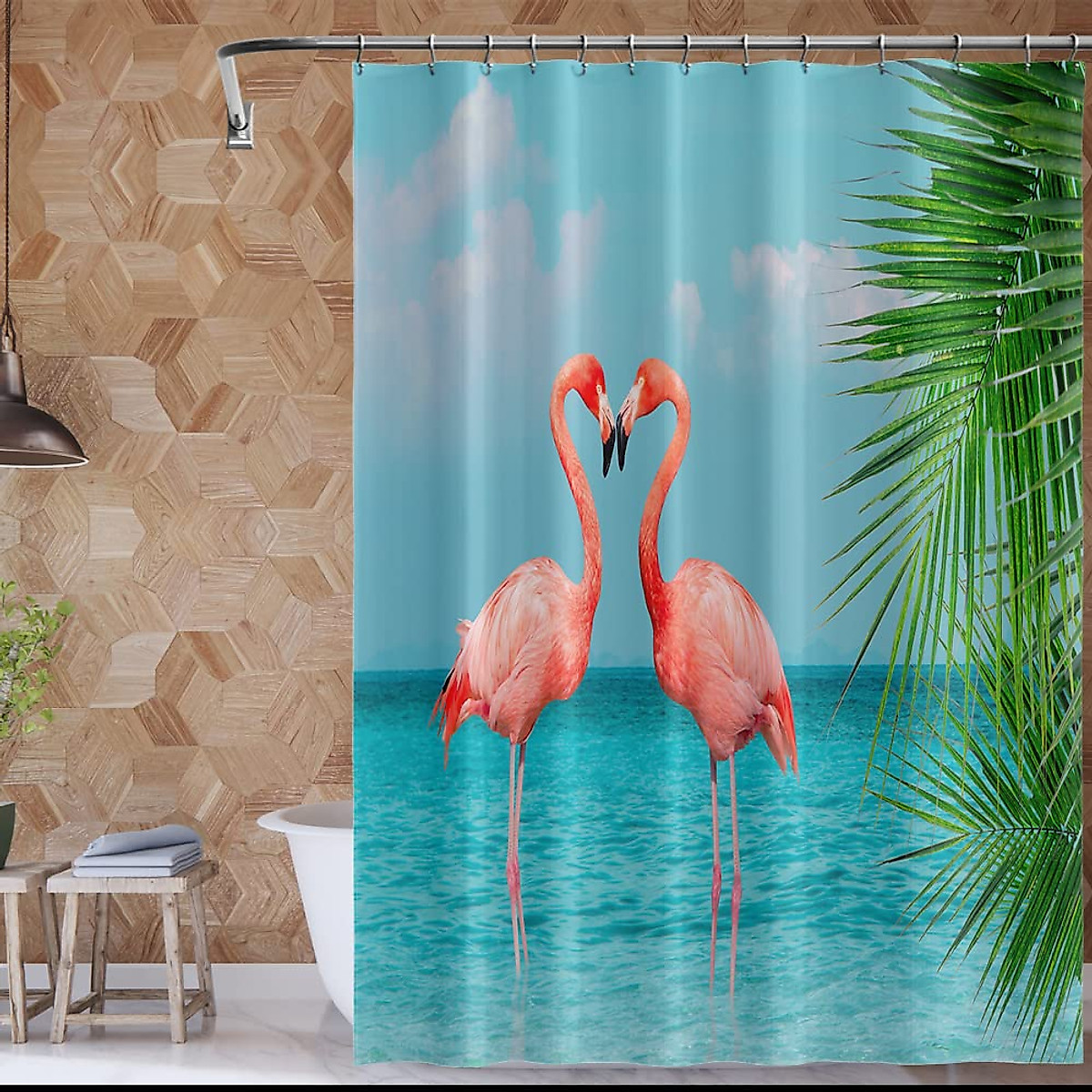 YUYASM Tropical Beach Shower Curtain Fabric Blue Ocean Pink Flamingo Couple Green Palm Leaves Summer Nautical Decor Bathroom Bath Curtains with Hooks 70x70 Inches