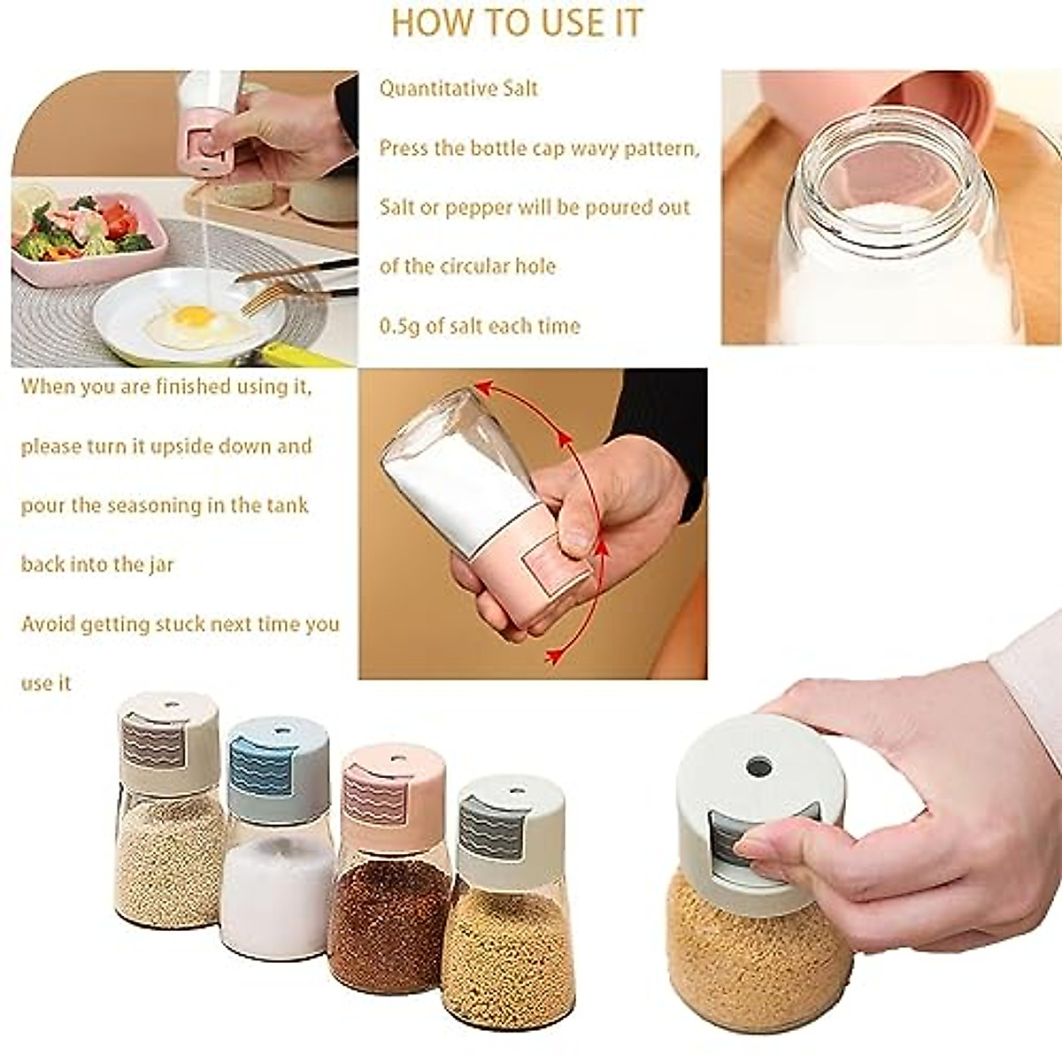 Glass Seasoning Shakers Salt & Pepper Shakers Precision Dosing Push Type For Home Cooking Picnic Camping Rations Salt Shakers (Beige+blue)