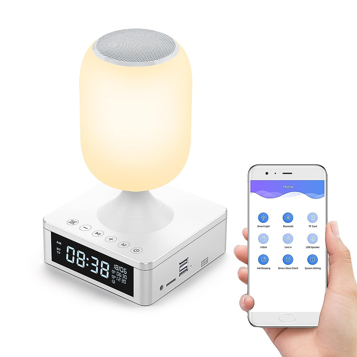 IVwarm Sleep Sound Machine Wake un Light,Smart Alarm Clock Sound Machine, Touch Control Nightstand Reading Light,APP Control Easy Setting Light with Dimmable Display and USB Charging Station