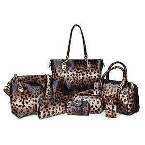 HOXIS Pack of 7 Bags Women Multi-purpose Classic Design Purse Leatherette Shoulder Handbag(Leopard Print)