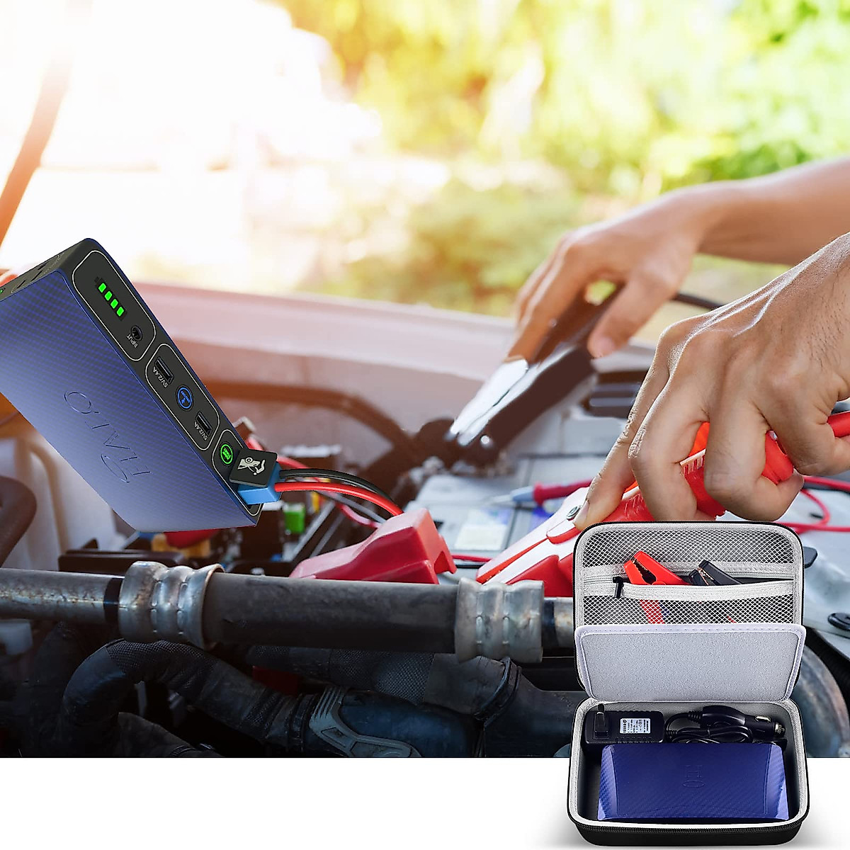 Case for Halo Bolt 58830/57720 mWh Portable Phone Laptop Charger Car Jump Starter, Power Bank Storage Holder with Mesh Pocket for AC Outlet, Car Charger and Accessories - Grey Inside