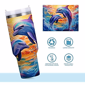 40 oz Sea Dolphins Insulated Tumbler with Handle, Stainless Steel Vacuum Water Bottles with Lid and Straw for Water, Iced Tea or Coffee