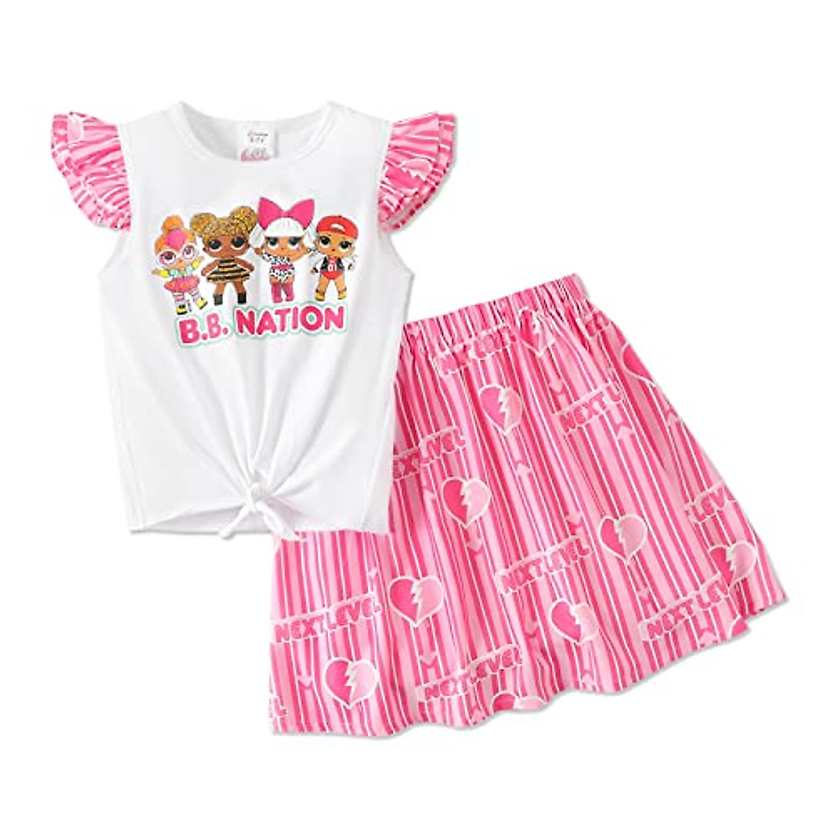 L.O.L. Surprise! Girls Skirt Set 2Pcs Kid Girl Graphic Print Tie Knot Ruffle Sleeve Cotton Tee and Allover Print Skirt Set PinkyWhite 9-10 Years