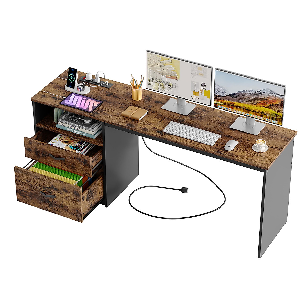Bestier 60 inch Home Office Desk with Power Outlets, Computer Desk with Drawers, Reversible Desk with File Drawer, Adjustable Height Desk with Storage for Home Office, Brown